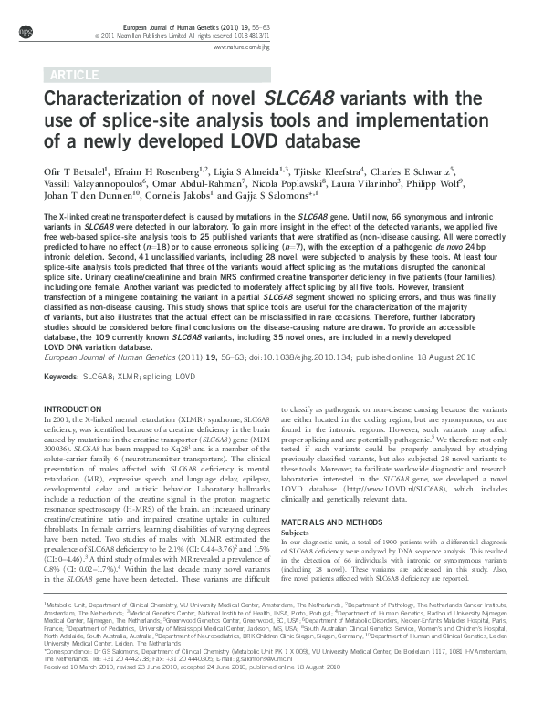 (PDF) Characterization of novel SLC6A8 variants with the use of splice ...