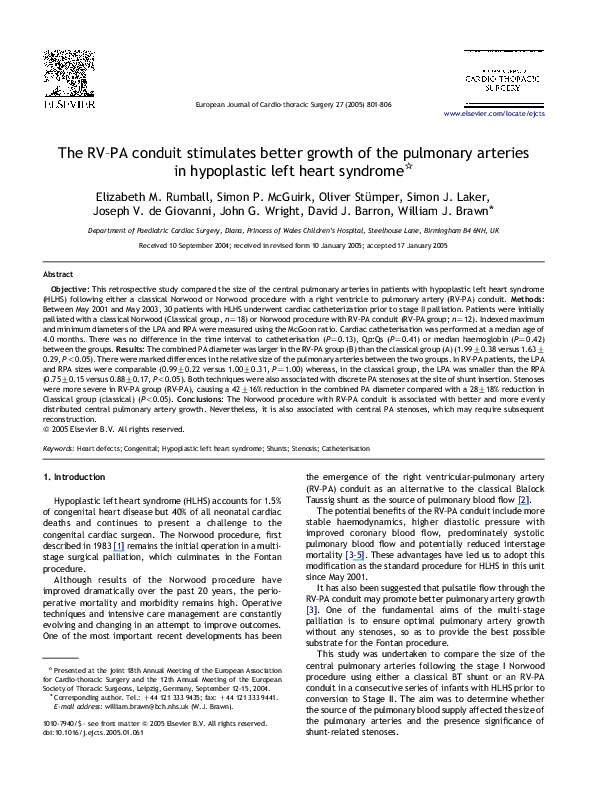 (PDF) The RV–PA conduit stimulates better growth of the pulmonary ...