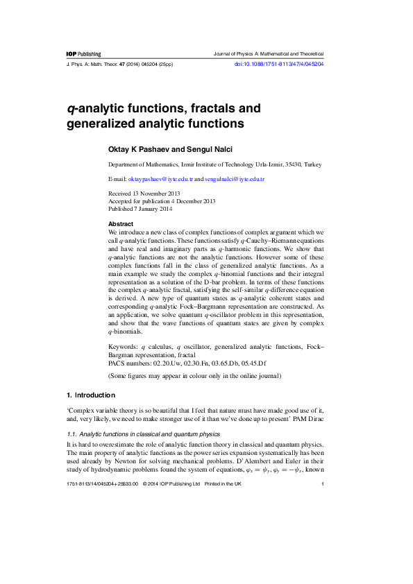 Pdf Q Analytic Functions Fractals And Generalized Analytic Functions