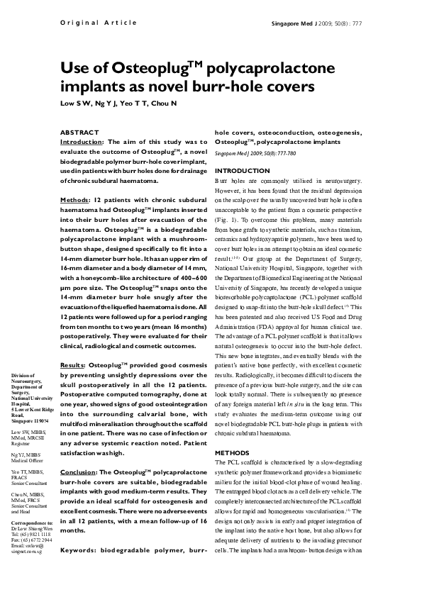 (PDF) Use of Osteoplug TM polycaprolactone implants as novel burr-hole ...