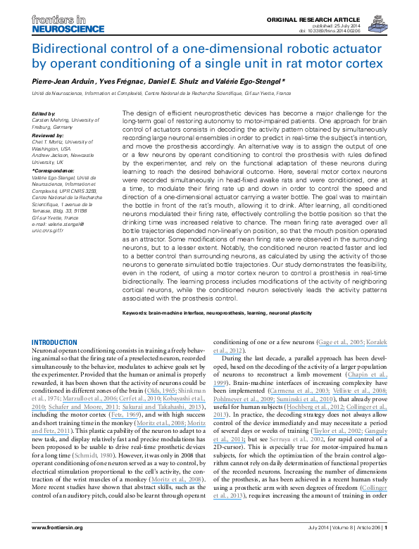 (PDF) Bidirectional control of a one-dimensional robotic actuator by operant conditioning of a ...