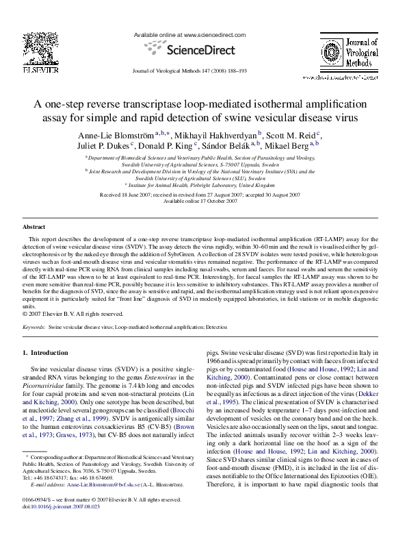 Pdf A One Step Reverse Transcriptase Loop Mediated Isothermal