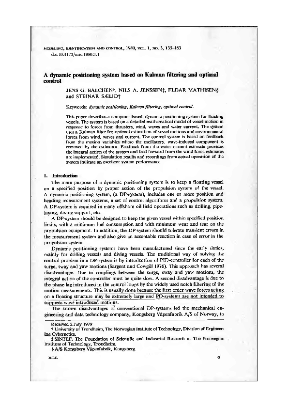 Pdf A Dynamic Positioning System Based On Kalman Filtering And Optimal Control