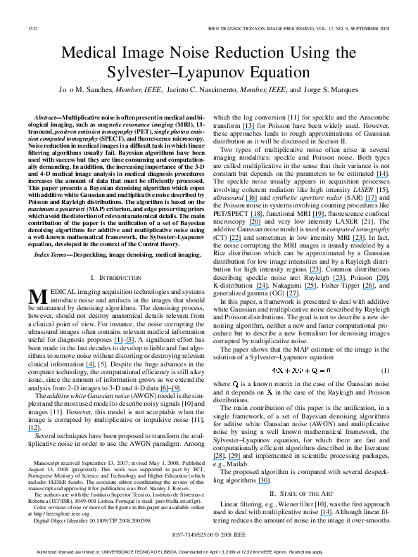 (PDF) Medical Image Noise Reduction Using the Sylvester-Lyapunov Equation