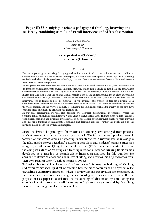 (PDF) Studying teacher's pedagogical thinking, knowing, and action by ...