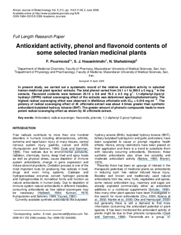 (PDF) Antioxidant activity of phenol and flavonoid contents of some Iranian medicinal plants