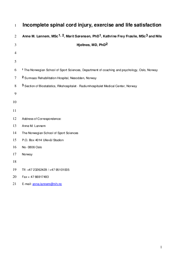 (PDF) Incomplete spinal cord injury, exercise and life satisfaction