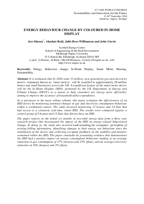 (PDF) ENERGY BEHAVIOUR CHANGE BY COLOURED IN-HOME DISPLAY