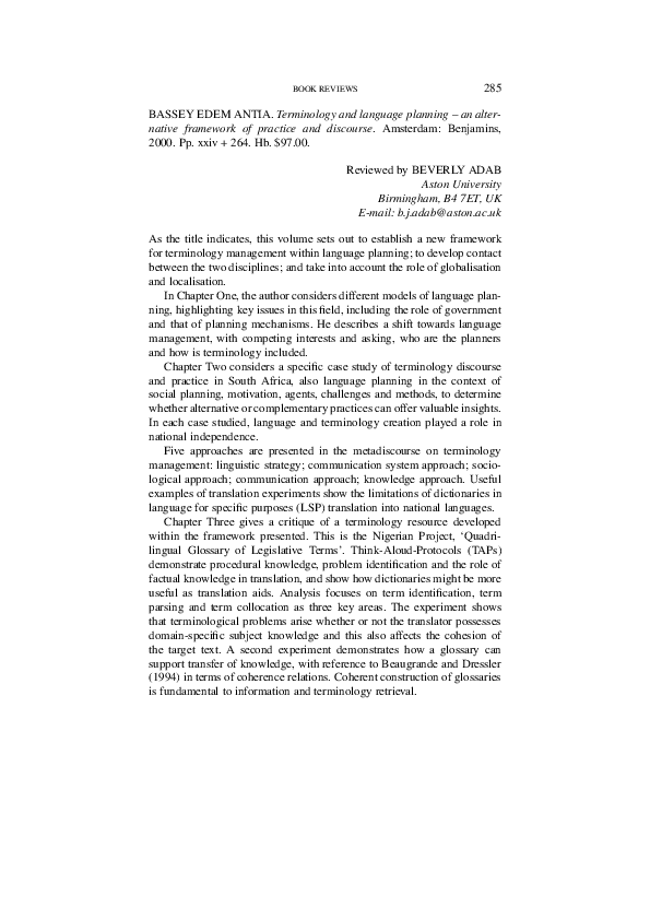 (PDF) Bassey Edem Antia. Terminology and language planning – an ...