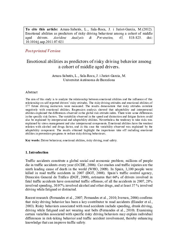 (PDF) Emotional abilities as predictors of risky driving behavior among a cohort of middle aged ...