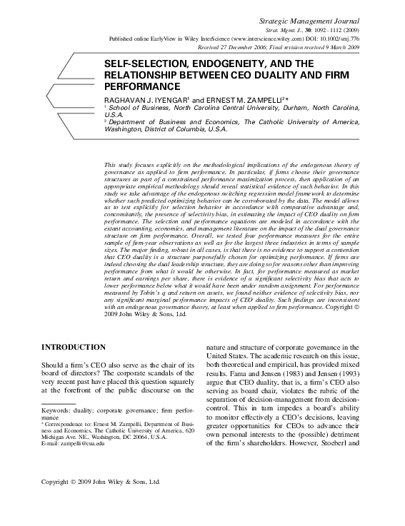 (PDF) Self-selection, endogeneity, and the relationship between CEO ...