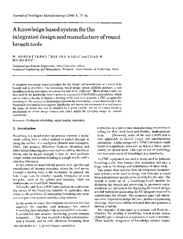 (PDF) A knowledge based system for the integrated design and manufacture of round broach tools