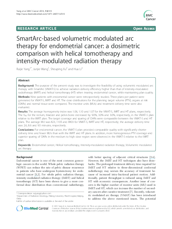 (PDF) SmartArc-Based Volumetric Modulated Arc Therapy for Oropharyngeal Cancer: A Dosimetric ...