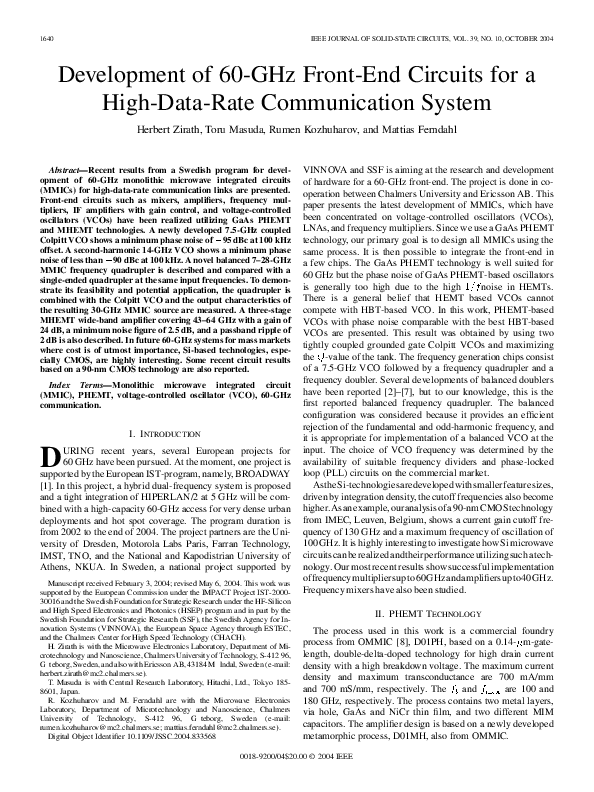 Pdf Development Of 60 Ghz Front End Circuits For A High Data Rate Communication System