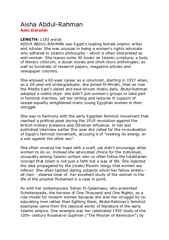 (DOC) Egyptian Islamic Feminist : Aisha Abdul-Rahman 1913-1998