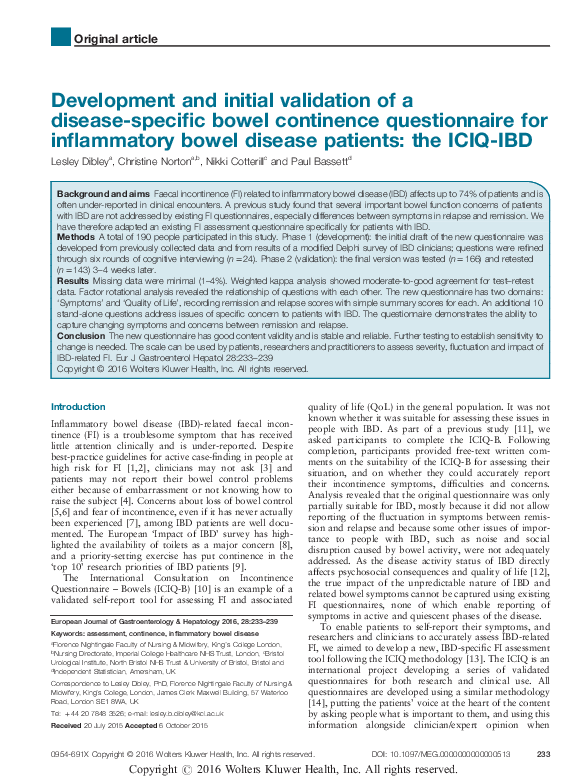 (PDF) Development and initial validation of a disease-specific bowel continence questionnaire ...