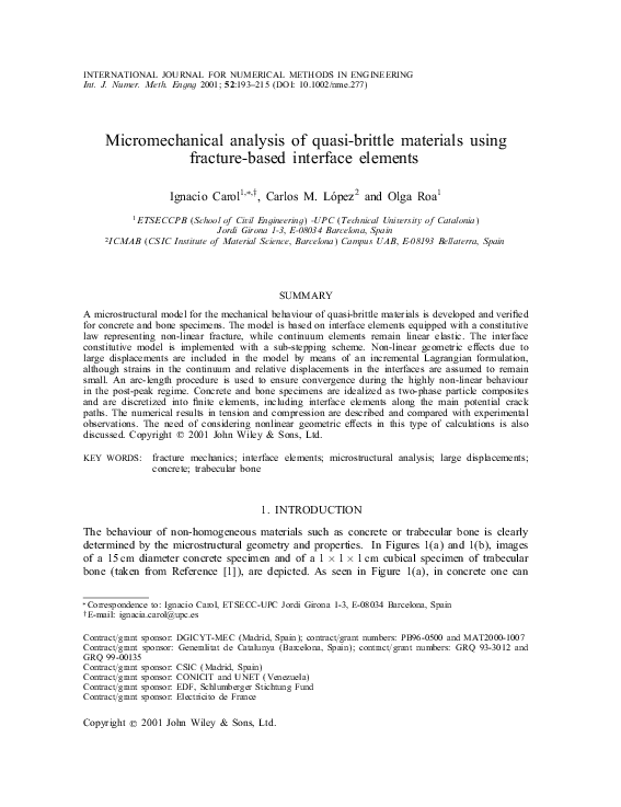 (PDF) Micromechanical analysis of quasi‐brittle materials using fracture‐based interface elements