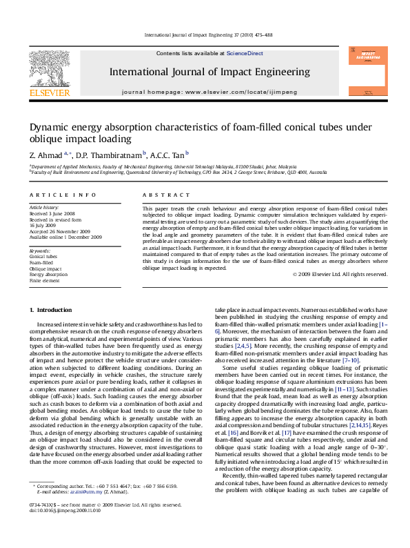 Pdf Dynamic Energy Absorption Characteristics Of Foam Filled Conical