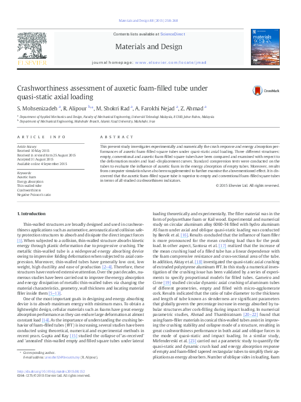 (PDF) Crashworthiness assessment of auxetic foam-filled tube under quasi-static axial loading