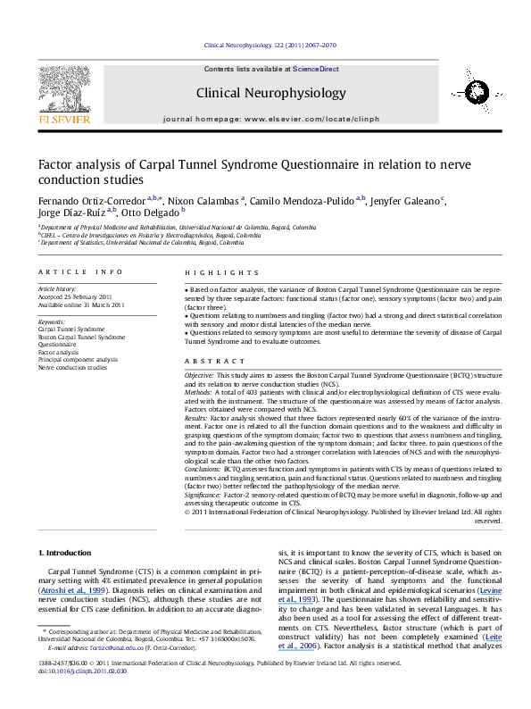(PDF) Factor analysis of Carpal Tunnel Syndrome Questionnaire in ...