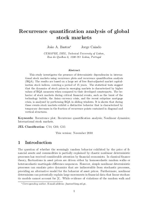 Pdf Recurrence Quantification Analysis Of Global Stock Markets