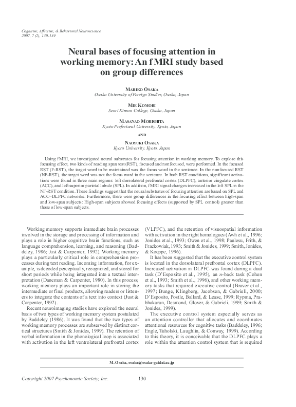 (PDF) Neural bases of focusing attention in working memory: An fMRI study based on group differences