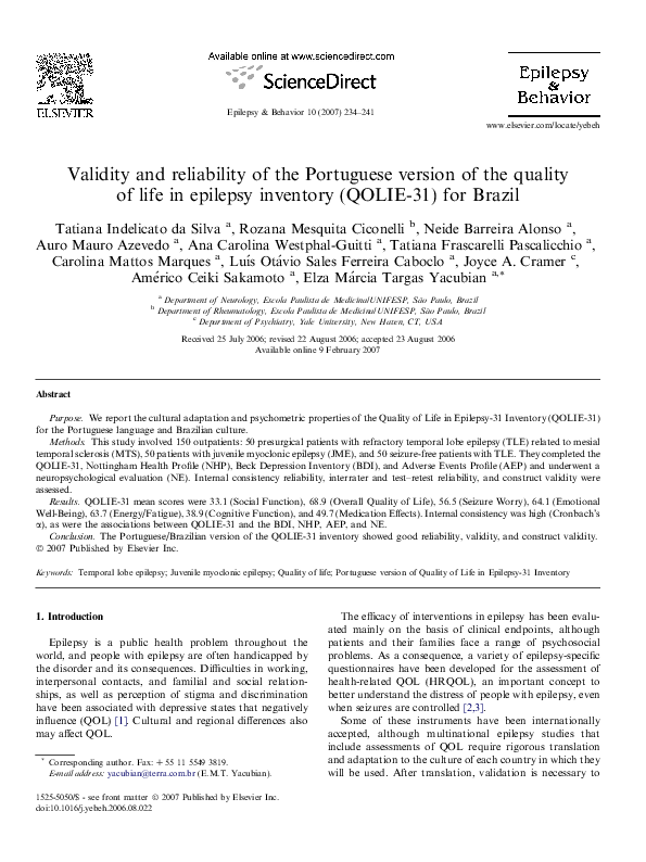(PDF) Validity and reliability of the Portuguese version of the quality of life in epilepsy ...