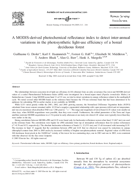 Pdf Remote Sensing Of Photosynthetic Light Use Efficiency Of Boreal Forest Nicholas Grant