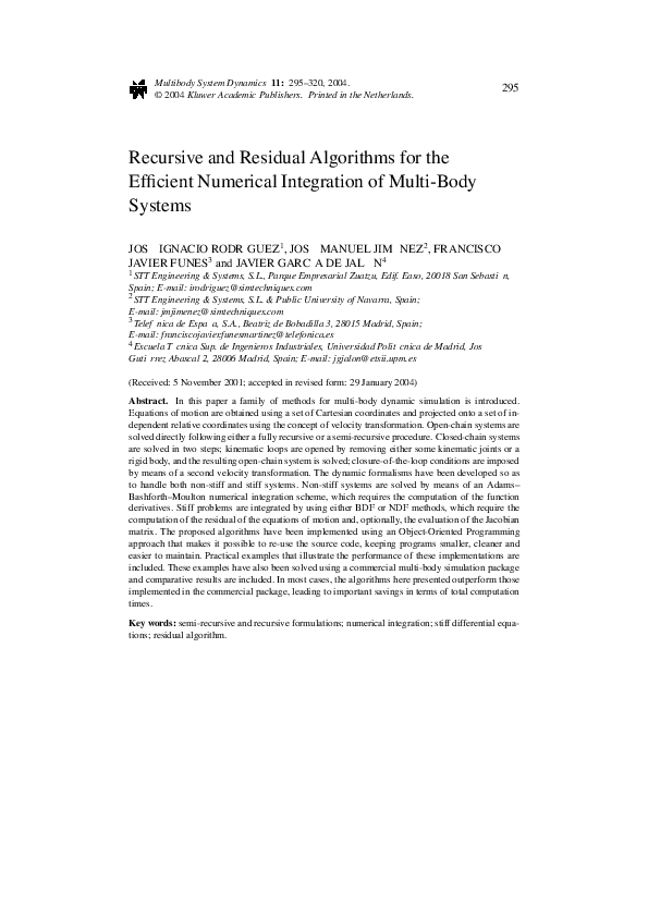 Recursive and Residual Algorithms for the Efficient Numerical Integration of Multi-Body Systems