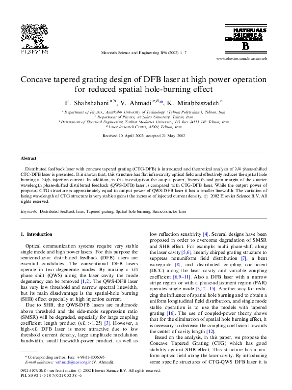 (PDF) Concave tapered grating design of DFB laser at high power operation for reduced spatial ...