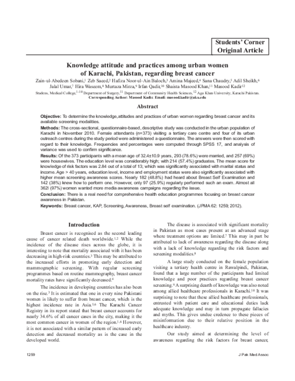 (PDF) Knowledge attitude and practices among urban women of Karachi ...