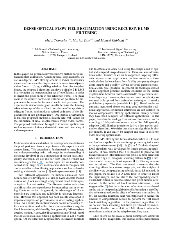 (PDF) Dense optical flow field estimation using recursive LMS filtering