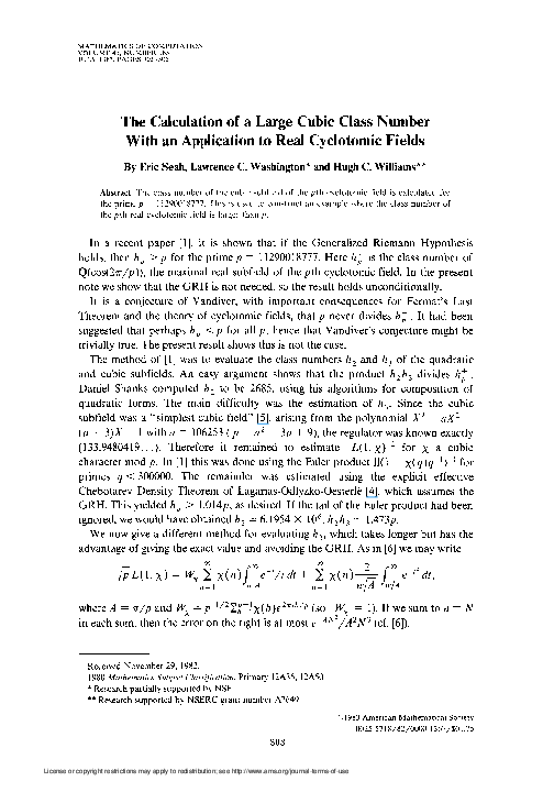 Pdf The Calculation Of A Large Cubic Class Number With An Application