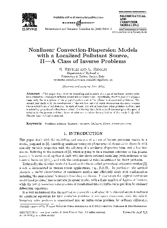 Pdf Nonlinear Convection Dispersion Models With A Localized Pollutant Source Ii A Class Of