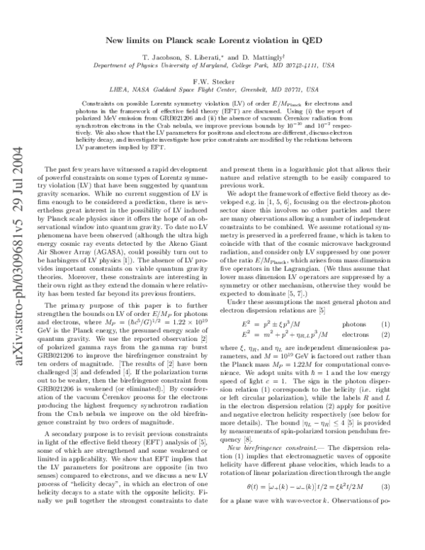 (PDF) New limits on Planck scale Lorentz violation in QED