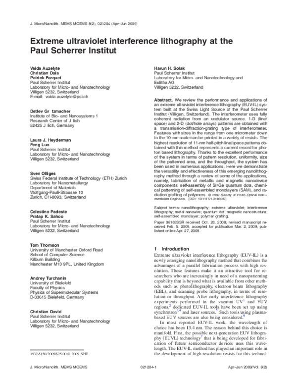 (PDF) Extreme ultraviolet interference lithography at the Paul Scherrer ...