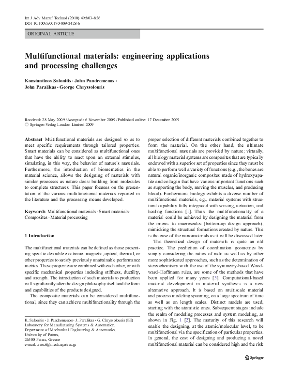 (PDF) Multifunctional materials: engineering applications and ...