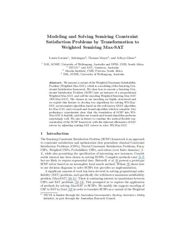 (PDF) Modeling and Solving Semiring Constraint Satisfaction Problems by Transformation to ...