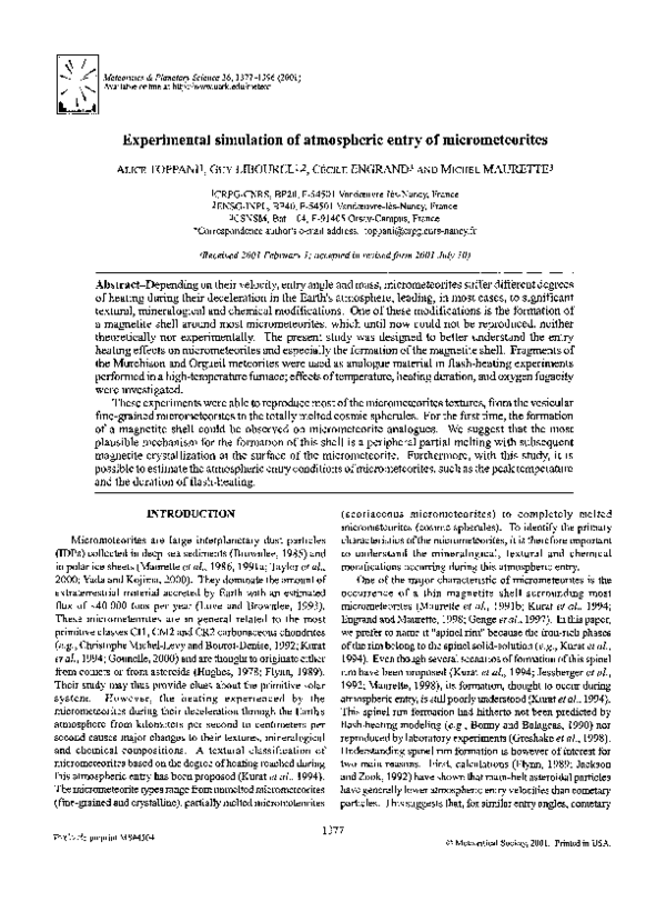 (PDF) Experimental simulation of atmospheric entry of micrometeorites