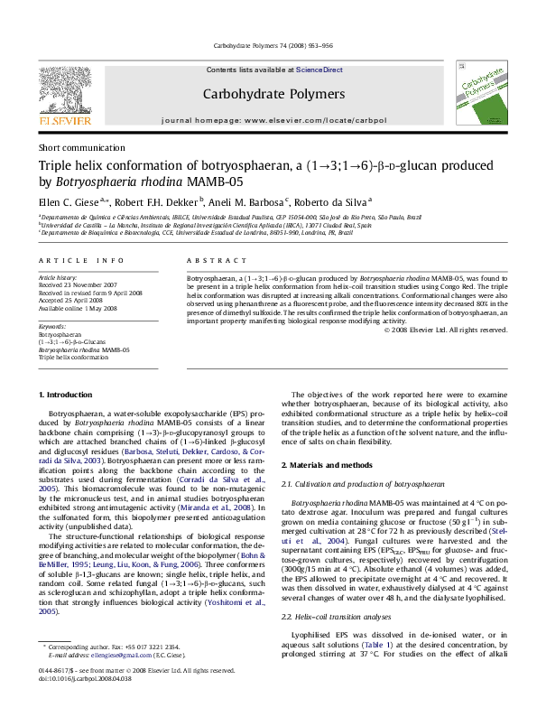 (PDF) Triple helix conformation of botryosphaeran, a (1→3;1→6)-β- d ...