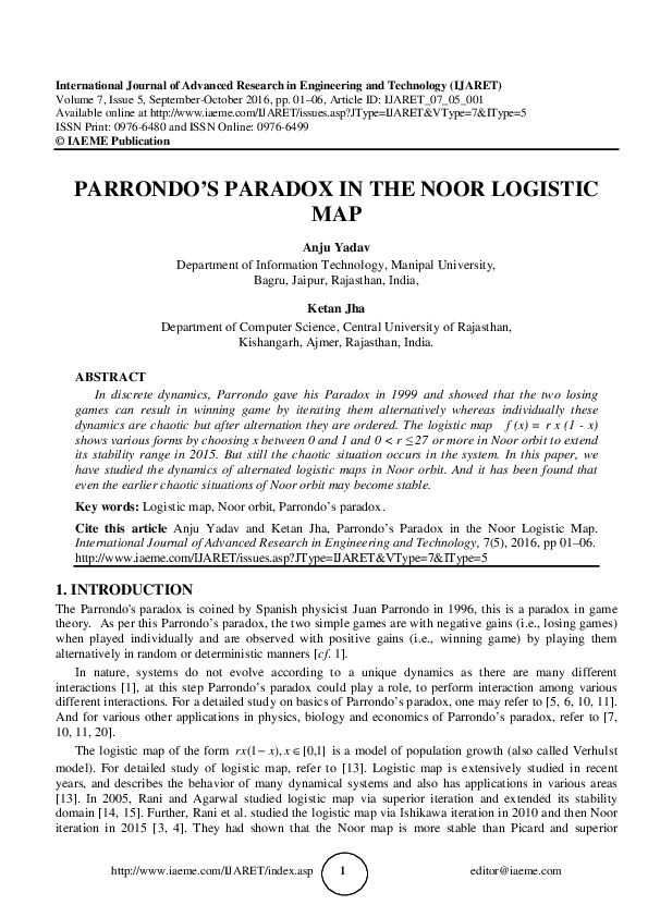 (PDF) PARRONDO'S PARADOX IN THE NOOR LOGISTIC MAP