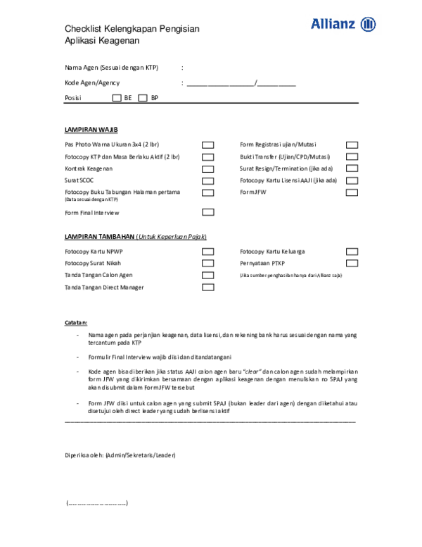(PDF) Checklist Kelengkapan Pengisian Aplikasi Keagenan | Ulin N ...