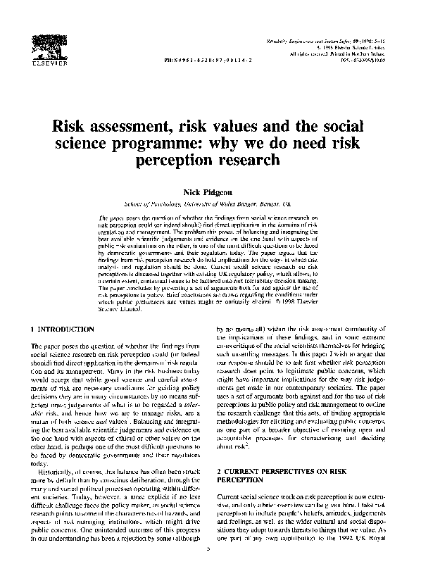 (PDF) Risk assessment, risk values and the social science programme ...