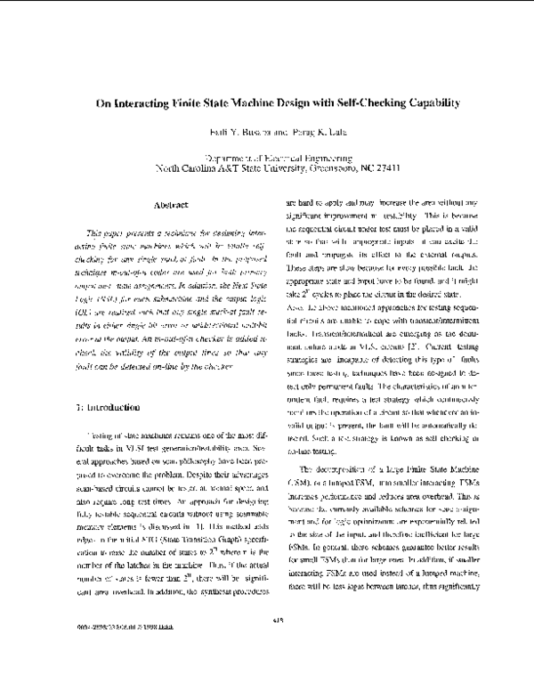 (PDF) On interacting finite state machine design with self-checking capability
