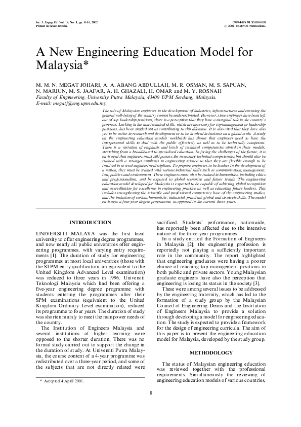 (PDF) A New Engineering Education Model for Malaysia