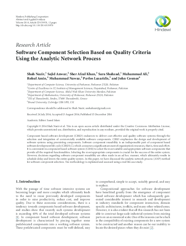 Pdf Software Component Selection Based On Quality Criteria Using The Analytic Network Process