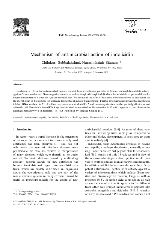 (PDF) Mechanism of antimicrobial action of indolicidin