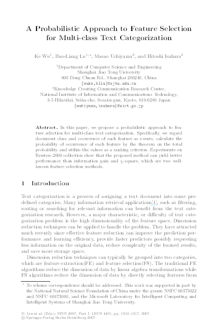 (PDF) A Probabilistic Approach to Feature Selection for Multi-class Text Categorization