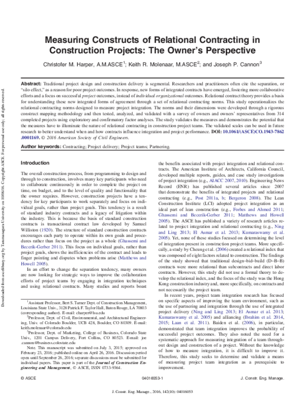 (PDF) Measuring Constructs of Relational Contracting in Construction Projects: The Owner's ...