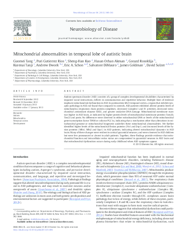 (PDF) Mitochondrial abnormalities in temporal lobe of autistic brain